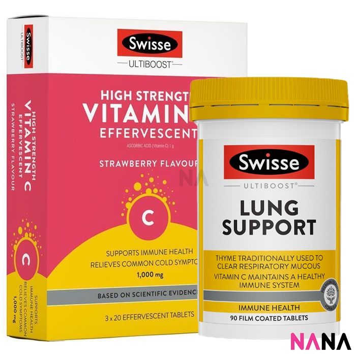 Swisse Immunity Boost Combo: High Strength Vitamin C 1000mg Effervescent (60 Capsules) + Lung ...