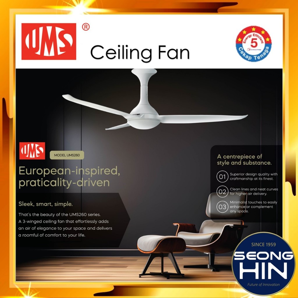 UMS 60" Ceiling Fan White UMS260AC Modern Slim Design / UMS260AC Kipas ...