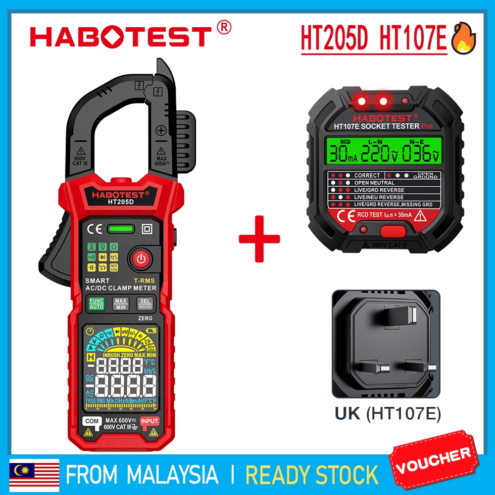 HABOTEST💥HT205D+HT123 Digital Clamp Multimeter 600A AC/DC Current and ...