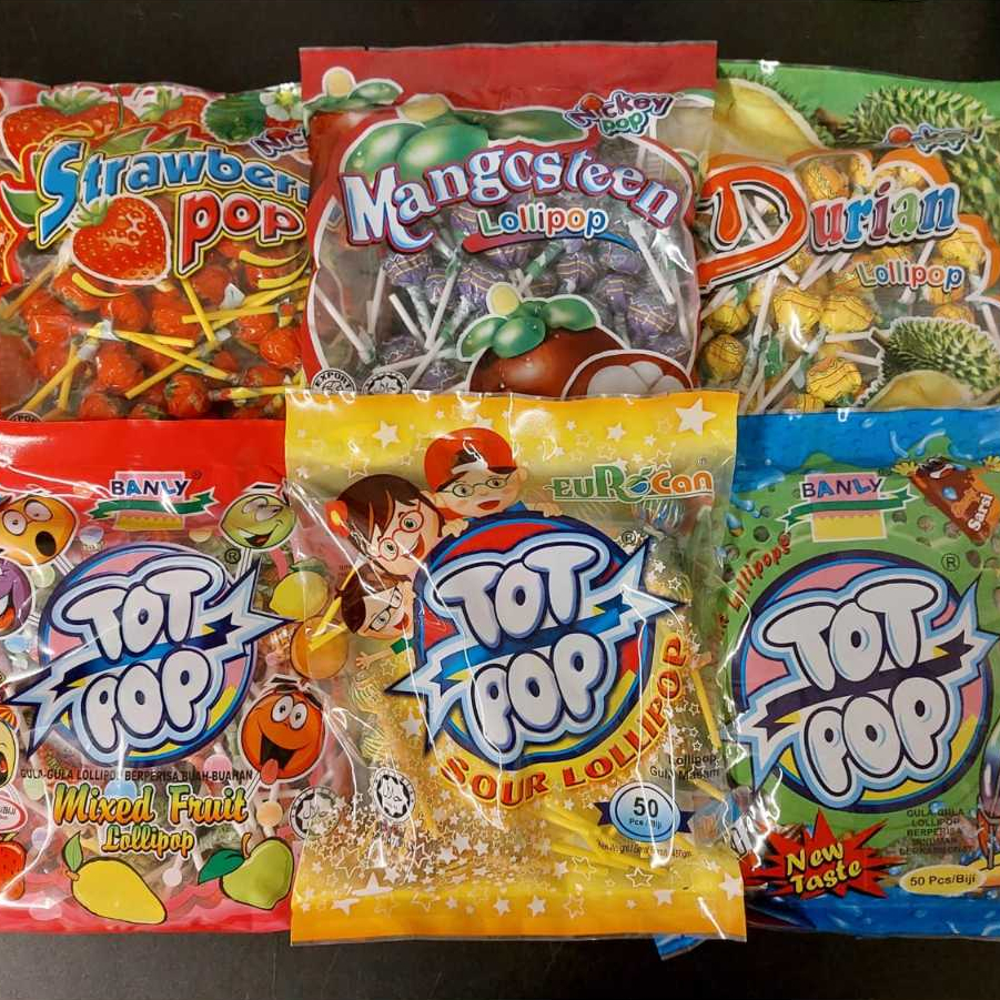 HALAL Tot Pop Mixed Fruit Soft Drink Sour Lollipop / Nickey Pop Durian Mangosteen Strawberry ...