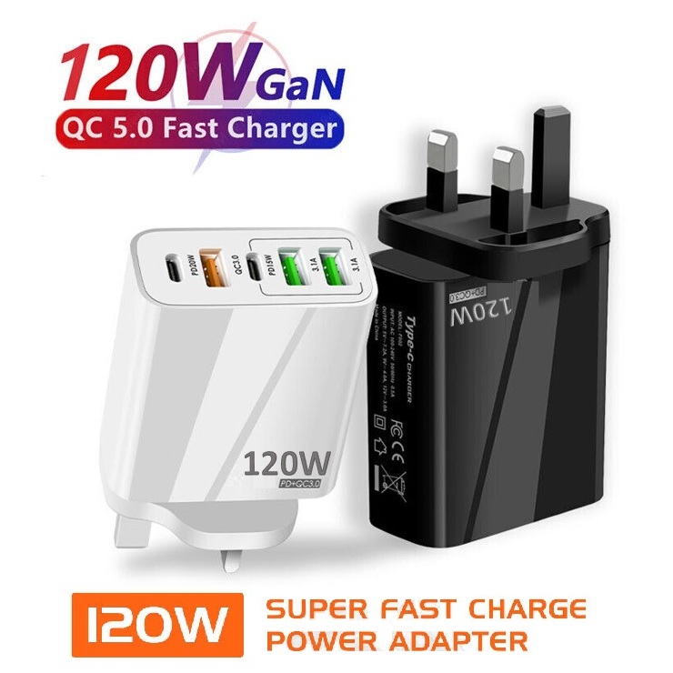 120w Fast Charger QC3.0 3 USB Port + 2 PD Fast Charging Adapter For Ip ...