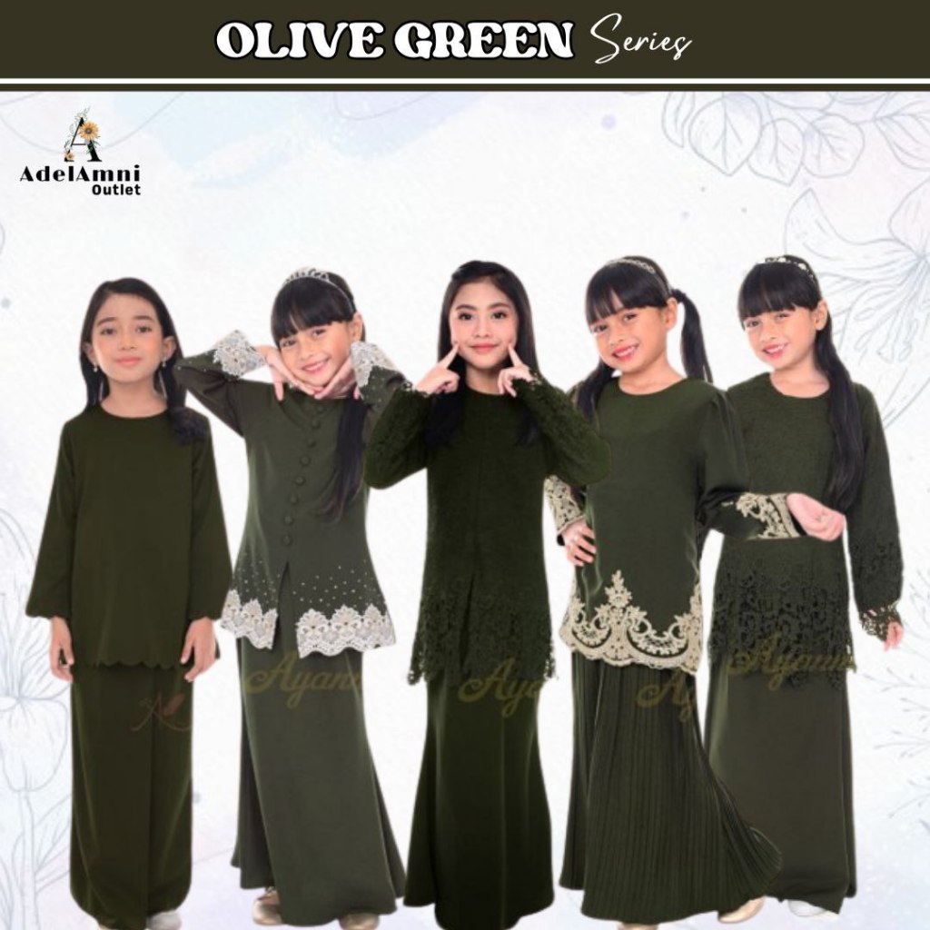 Tema Olive Green Baju Kurung Budak Perempuan Kids Plain Lace Muslimah ...