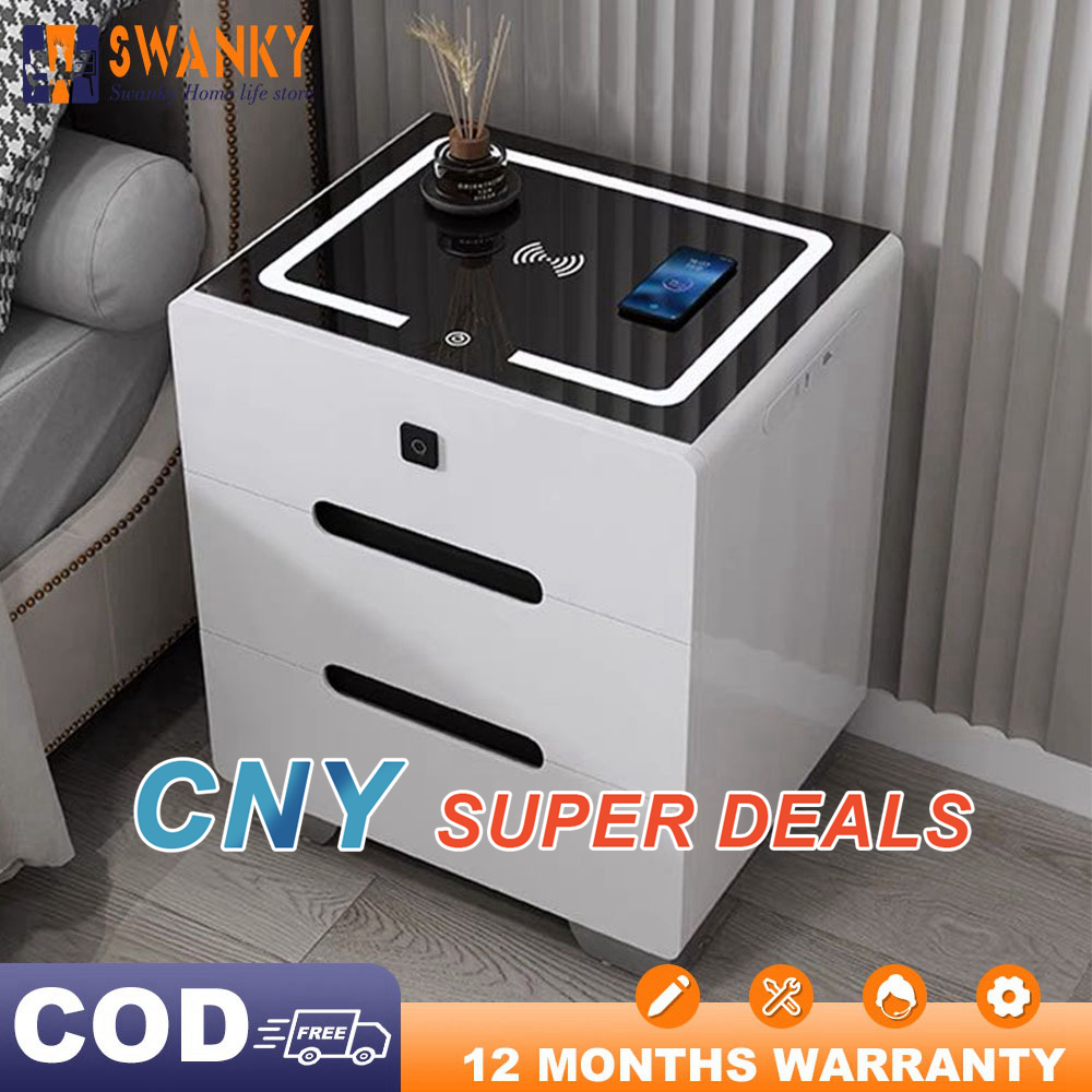 Smart side table drawer solid wood multifunction with 3-color lamp ...