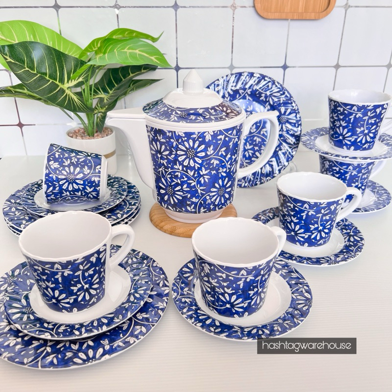 OCEAN BLUE 🌼 Tea & Dessert Set Teapot / Cup & Saucer Melamine Plastic ...