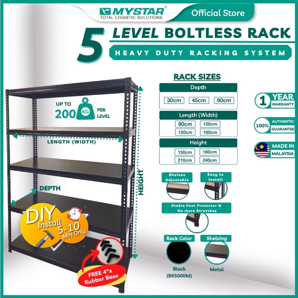 MYSTAR Boltless Rack Medium Duty Series 5 Level 200KG BLACK Metal ...