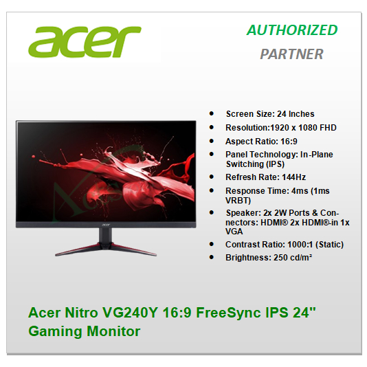 Acer Nitro VG240Y 16:9 FreeSync IPS 24" Gaming Monitor (LED VGA, HDMI ...