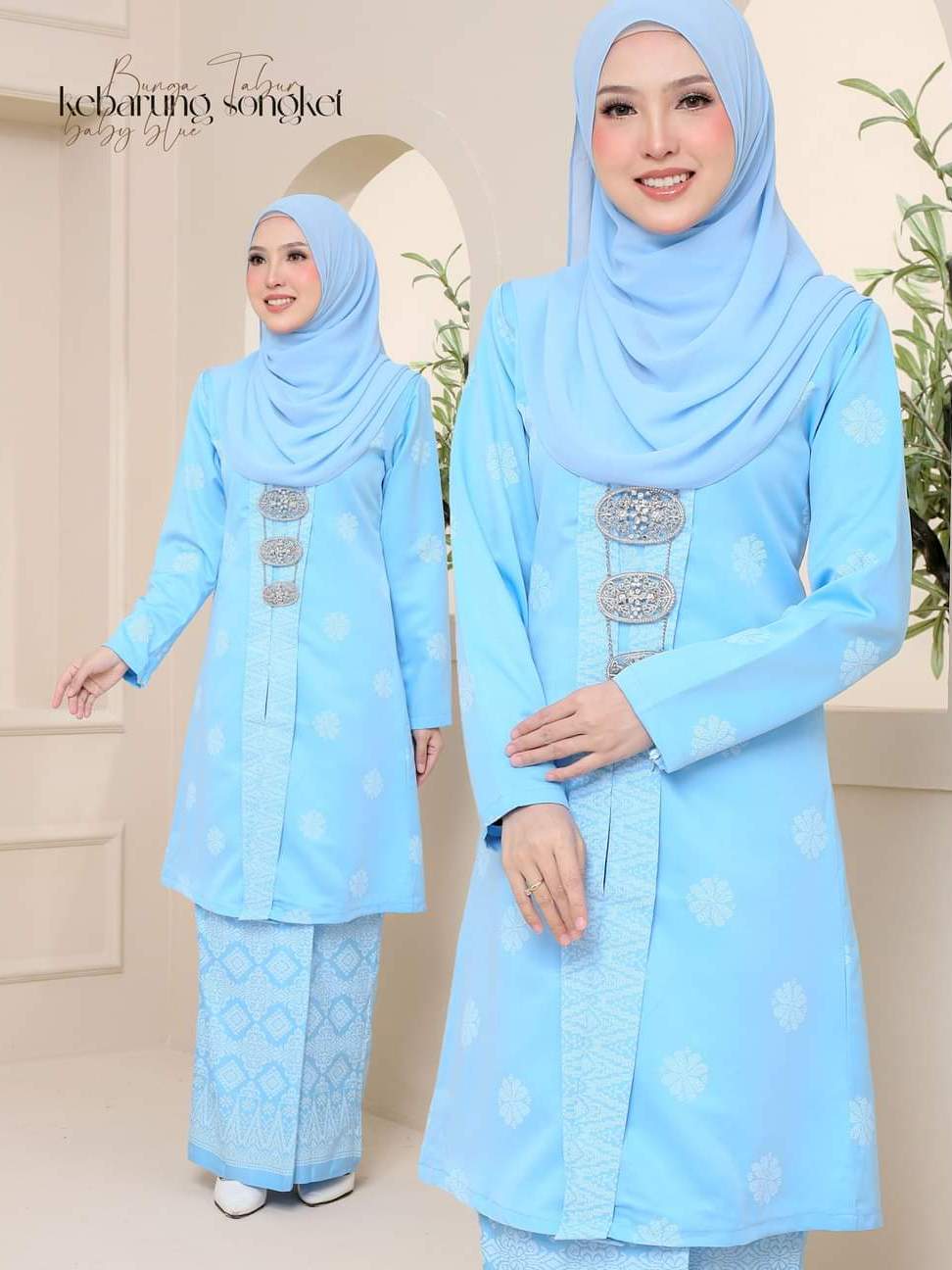 WARNA BABY BLUE 〕 Kebarung Moden Songket Corak Bunga Tabur Printed ...