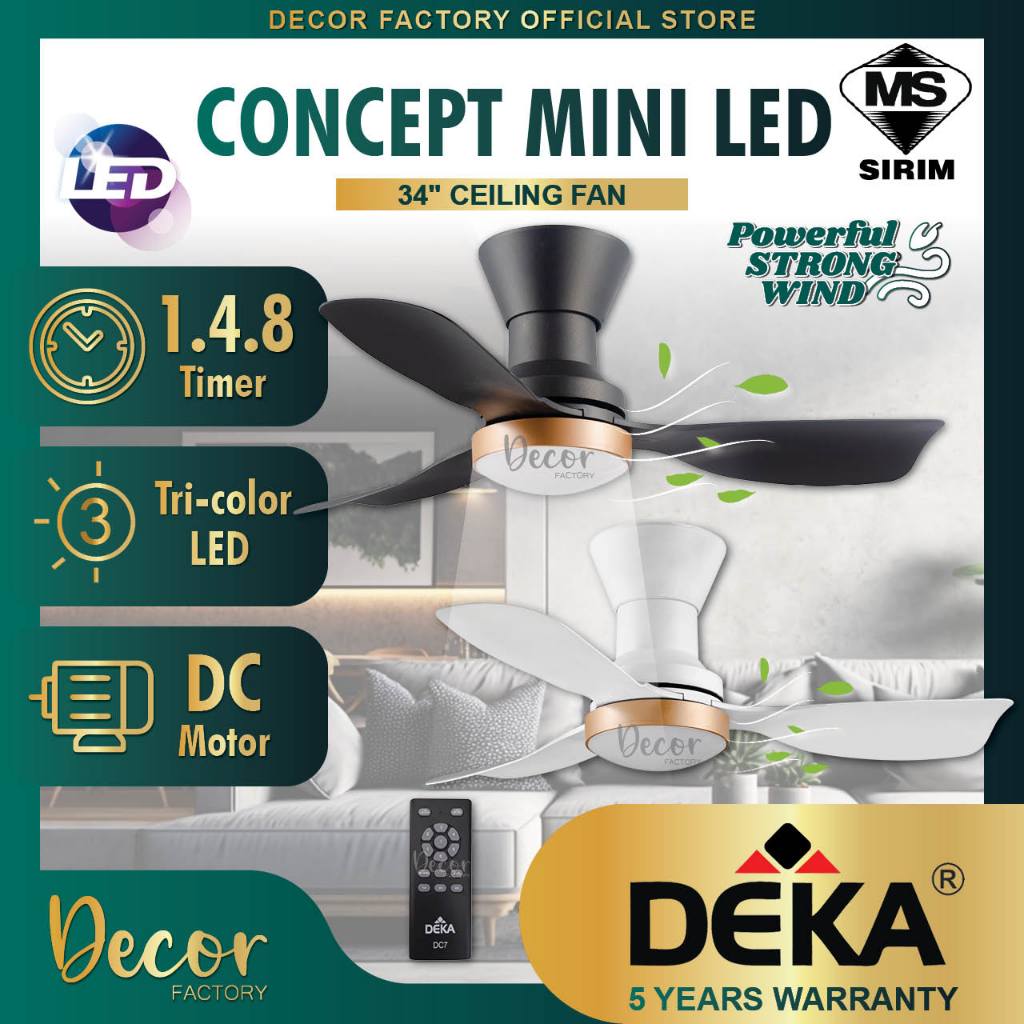 DEKA Fan DEKA CONCEPT MINI LED 34" 3 Blades 14 Speed DC Motor Remote ...