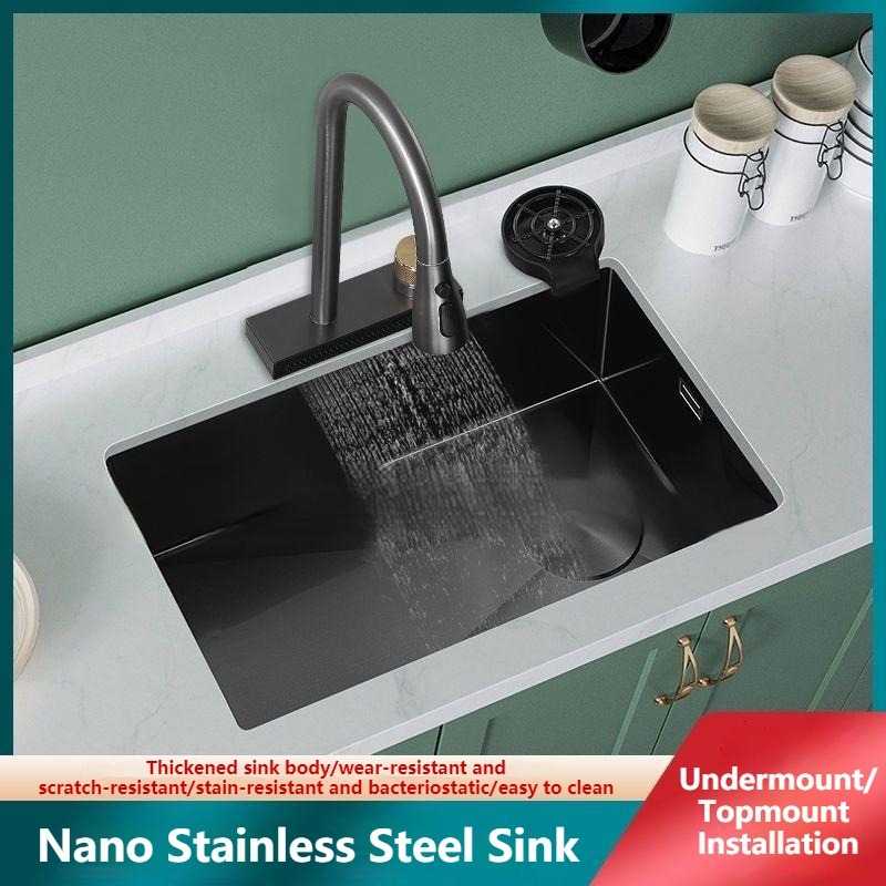 DELIVER IN 10D! Waterfall Undermount Black Nano Kitchen Sink 304 ...