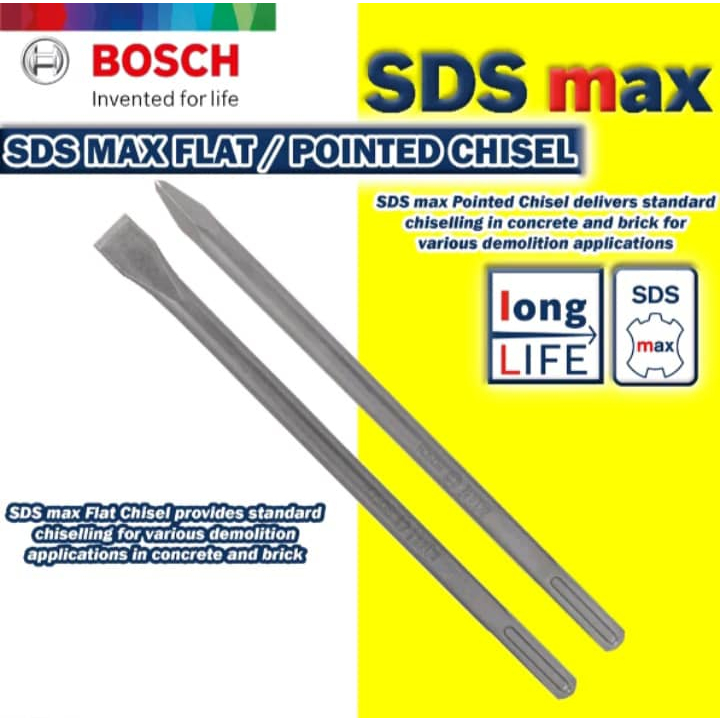 BOSCH (ORIGINAL) SDS MAX CONCRETE CHISEL, FLAT / POINTED, 300MM / 400MM ...