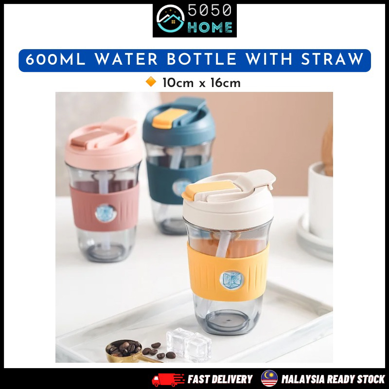5050HOME 600ml Ice Cube Water Bottle with Straw & Silicone Handle ...