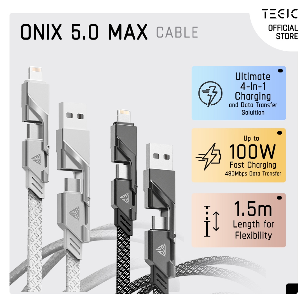 TEGIC ONIX 5.0 Max Cable | Ultimate 4-in-1 Charging and Data Transfer Solution | Up to 100W Fast ...