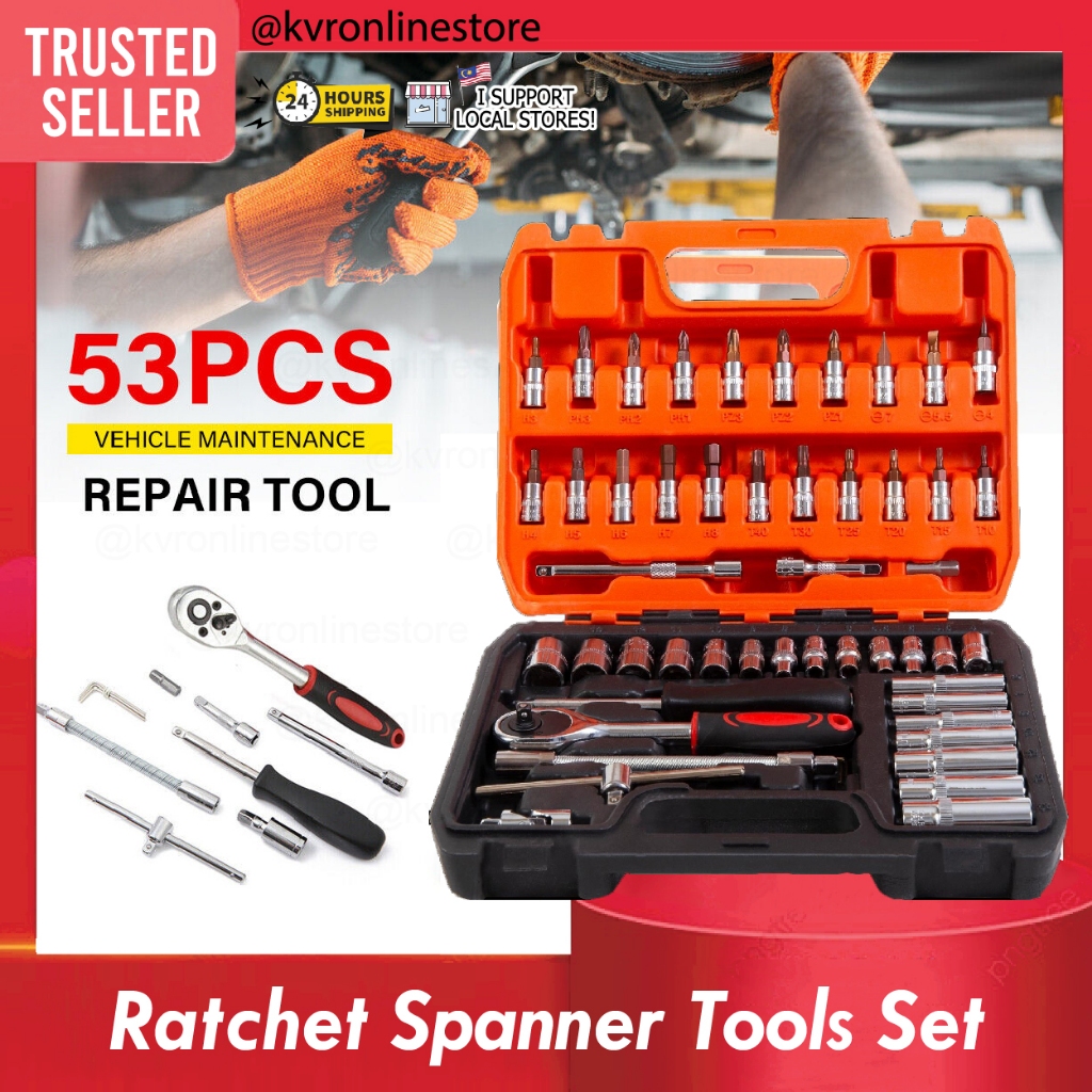 53pcs 1/4" Heavy Duty Spanner Wrench Set Socket Ratchet Combination ...