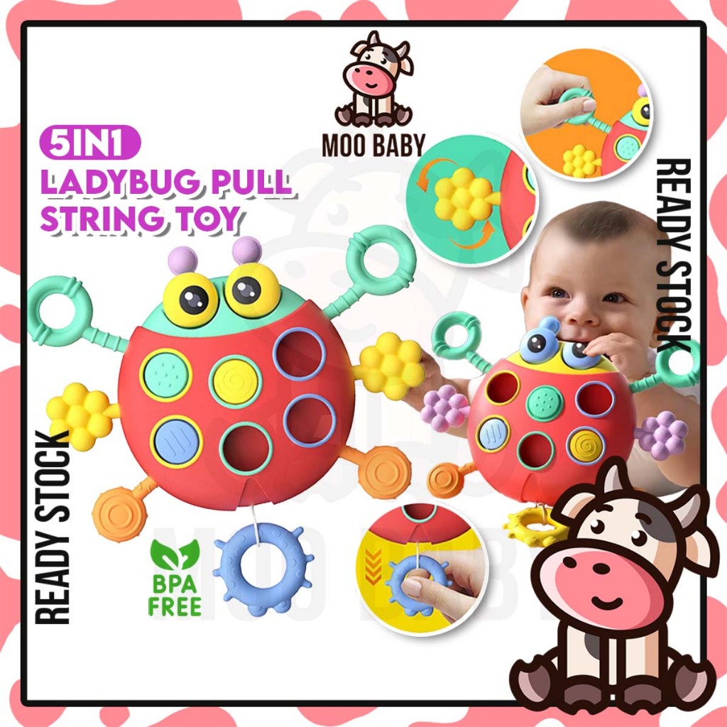 ⭐Moo Baby Toy Ladybug Pull String Toy Mainan Bayi Baby Montessori Toys ...