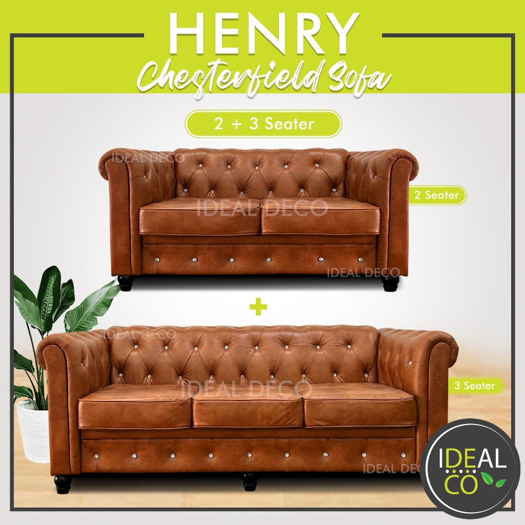 (Free Delivery) Henry Chesterfield Sofa : Leather Look Fabric Solid ...