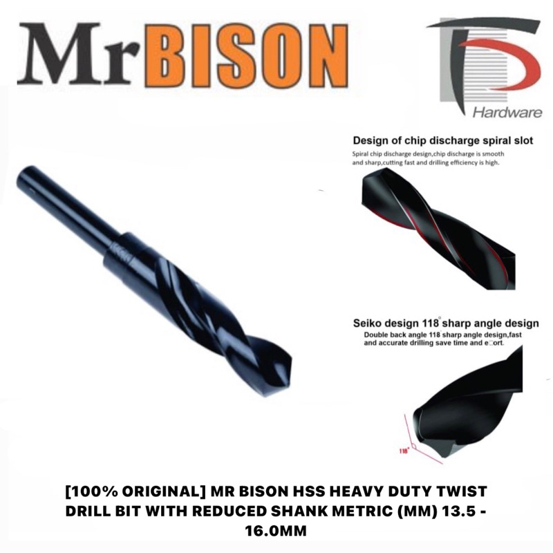 [100% ORIGINAL] MR BISON HSS HEAVY DUTY TWIST DRILL BIT WITH REDUCED SHANK METRIC (MM) 13.5 - 16 ...