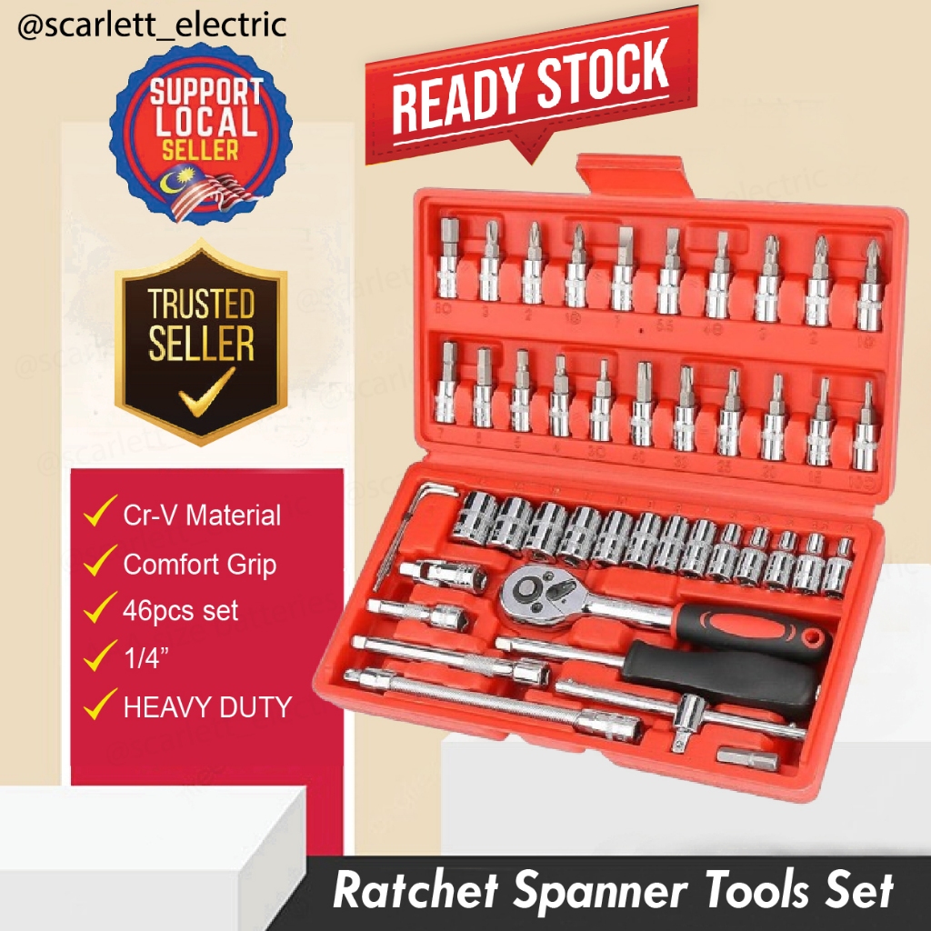 46pcs 1/4" Heavy Duty Spanner Wrench Set Socket Ratchet Combination ...