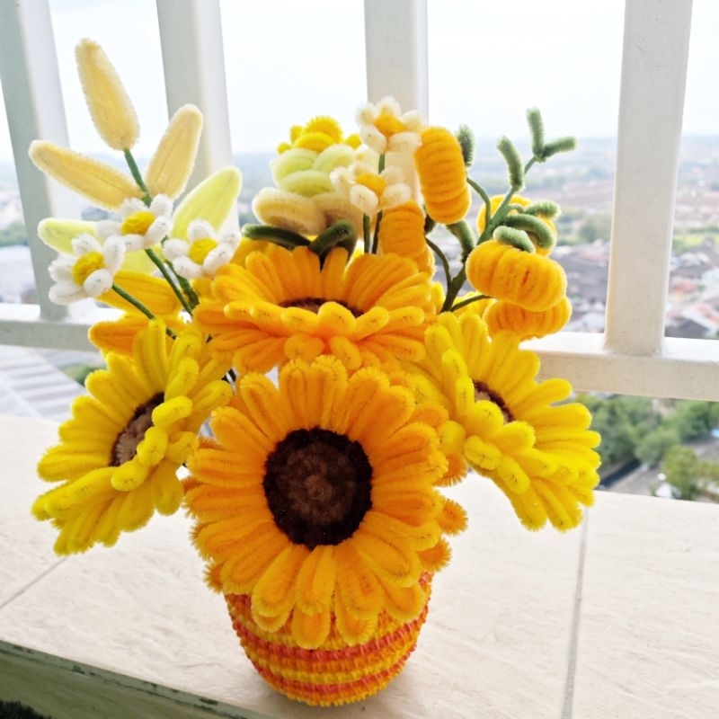 (Ready stock) chenille stem sunflower pot kawat bulu bunga matahari ...