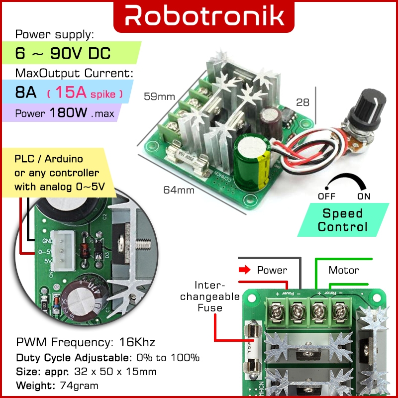 DC Brush Motor Speed Controller PWM (up-to 15A) Dimmer, Geared Gear ...