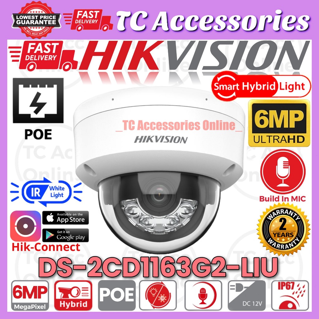 HIKVISION Network IP POE 6MP Dome Indoor Camera DS-2CD1163G2-LIU 3K Ultra HD Built-in Mic ...