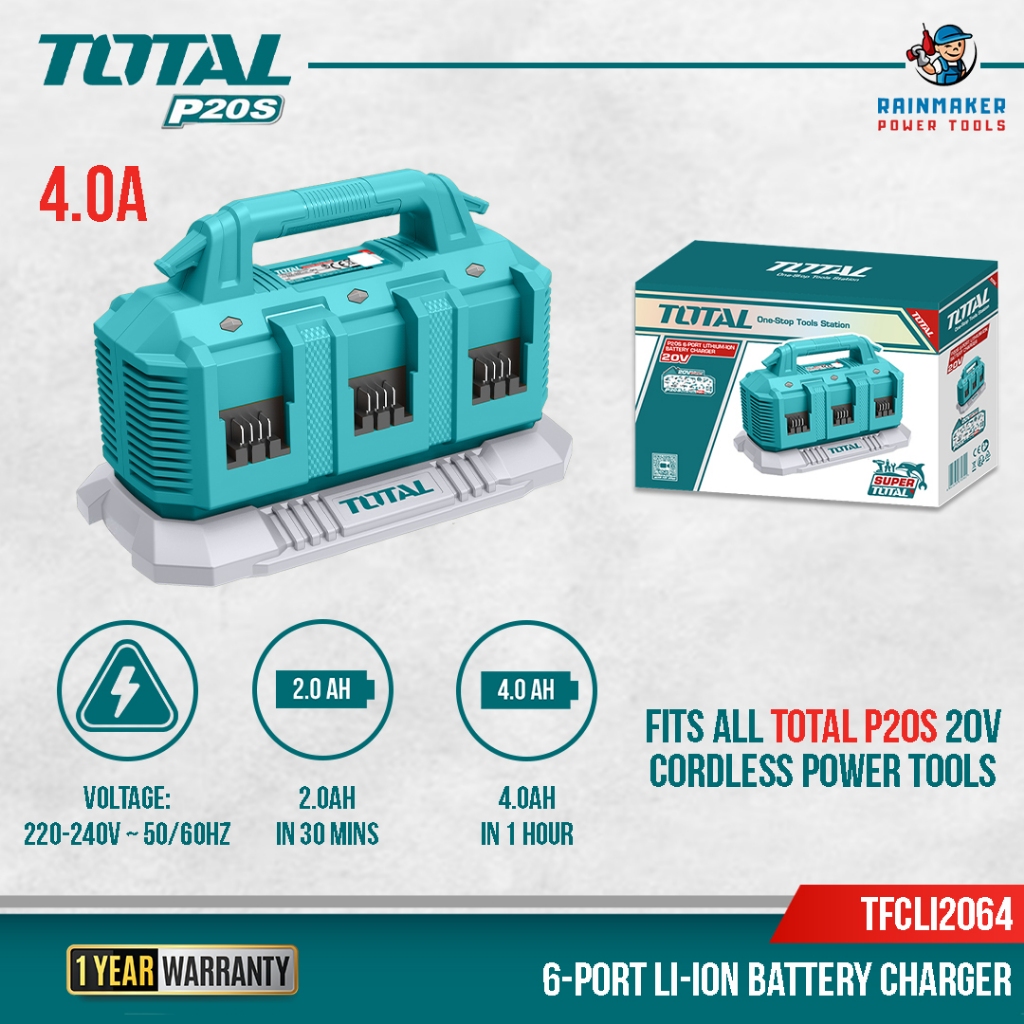 TOTAL 6-Port Li-ion Battery Charger (4000mA/20V) Charges 6 Batteries ...