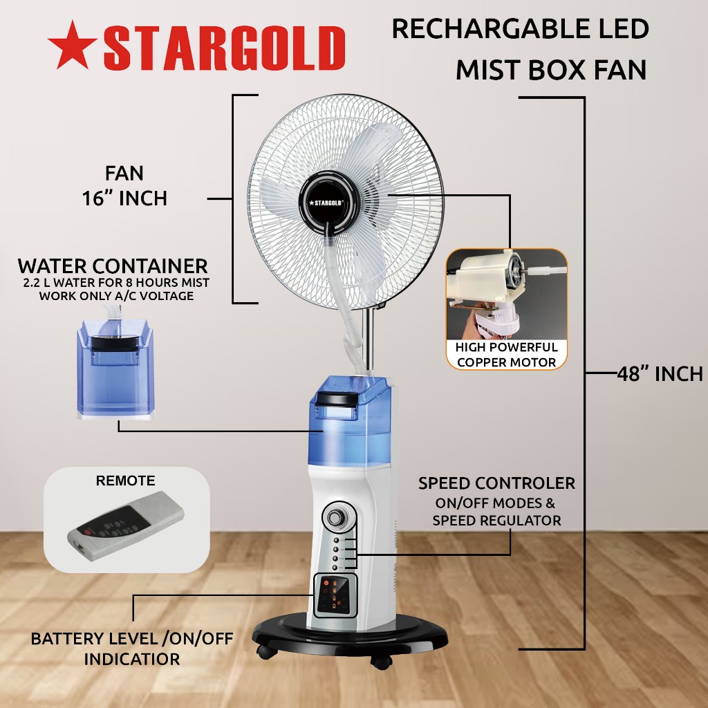 Stargold Rechargeable Oscillating Water Mist Fan SG-4037 with Remote ...