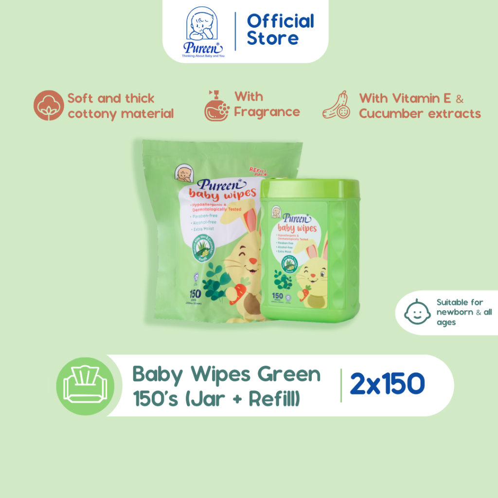 Pureen Baby Wipes Green Jar & Refill 150's + 150's | BWWH150+R | Shopee ...