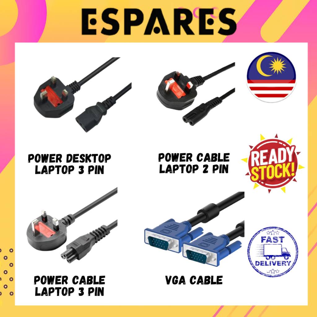 Power Cable for laptop desktop 3 pin 2 pin and vga cable | Shopee Malaysia
