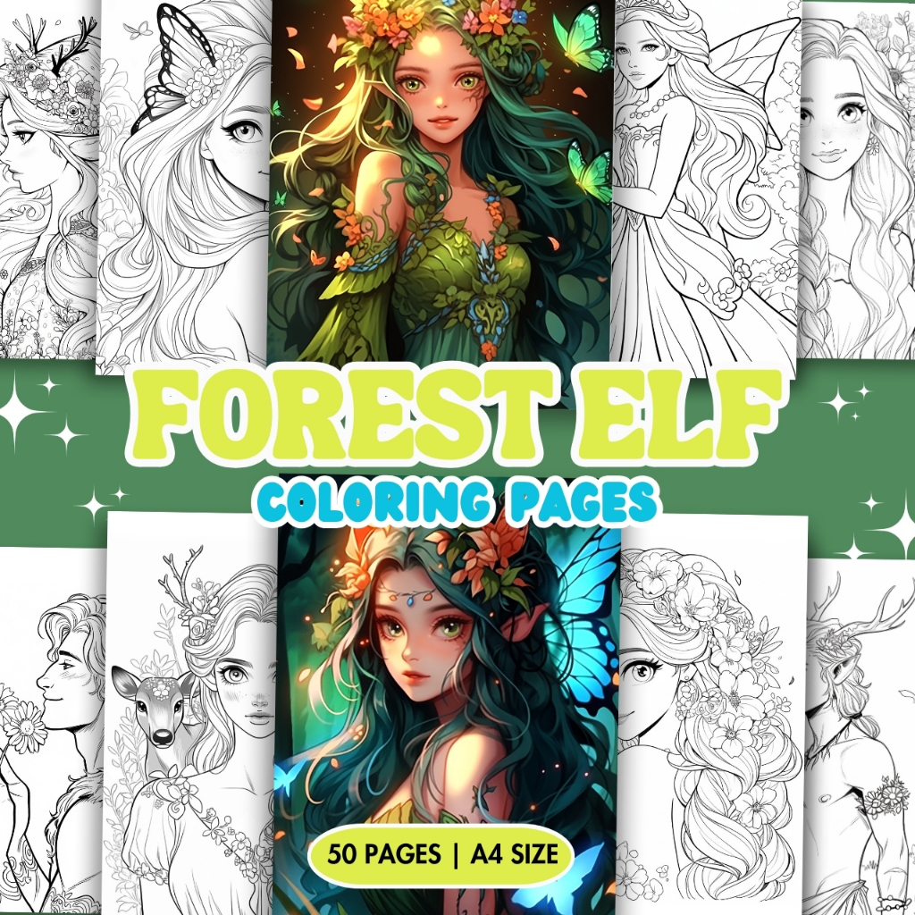 Forest Elf Girl Coloring Pages PDF with 50 Pages, Printable Pdf ...