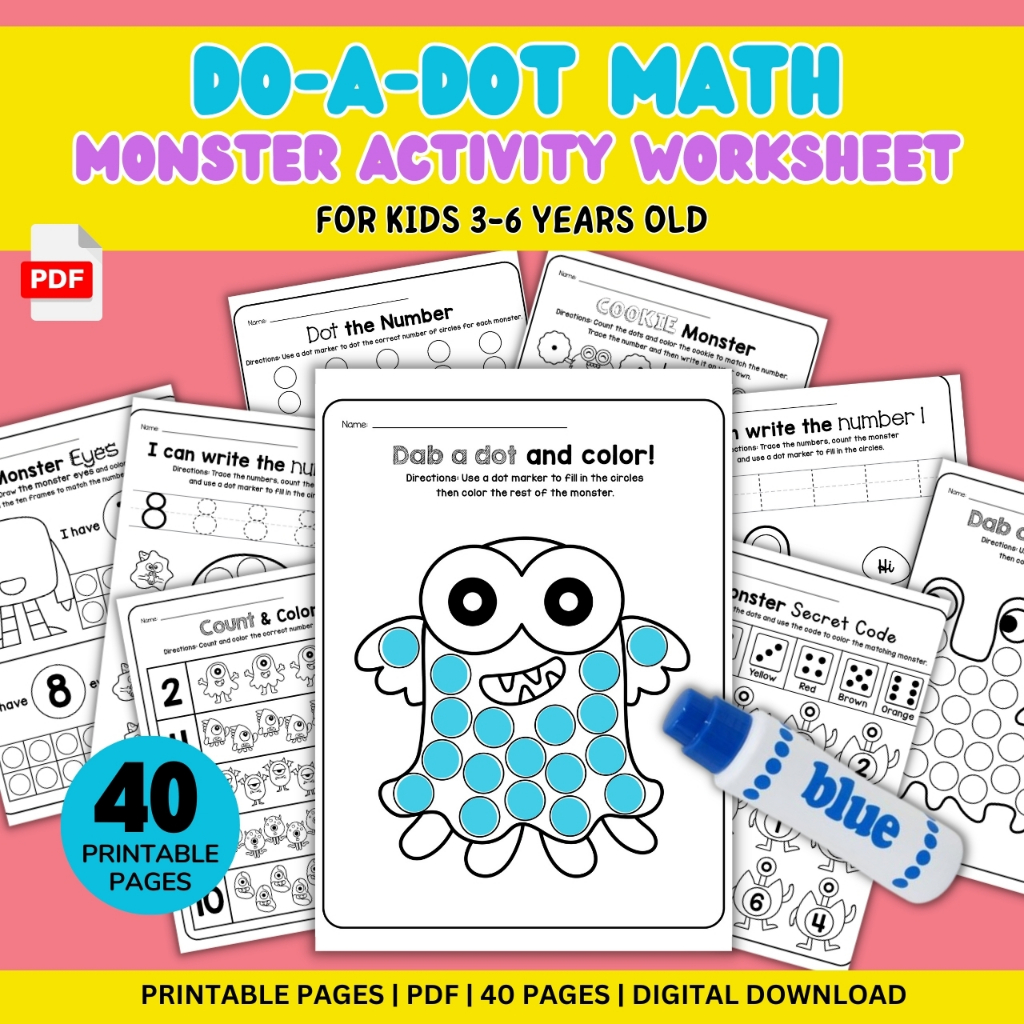 40 Pages Monster Math Do-A-Dot Maze Printable Activity Worksheet, Fun ...