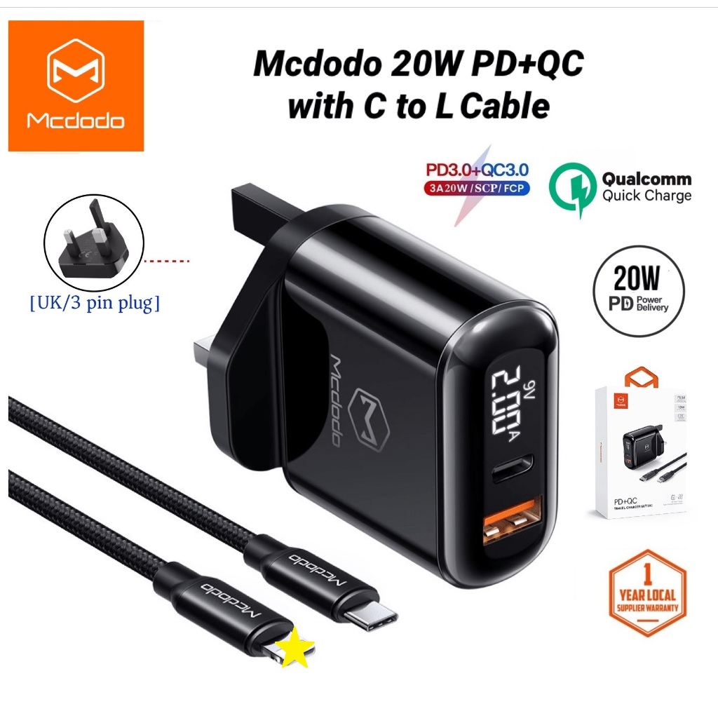 Mcdodo 20w Fast Charger QC3.0 USB + PD Port Adapter With PD Cable ...