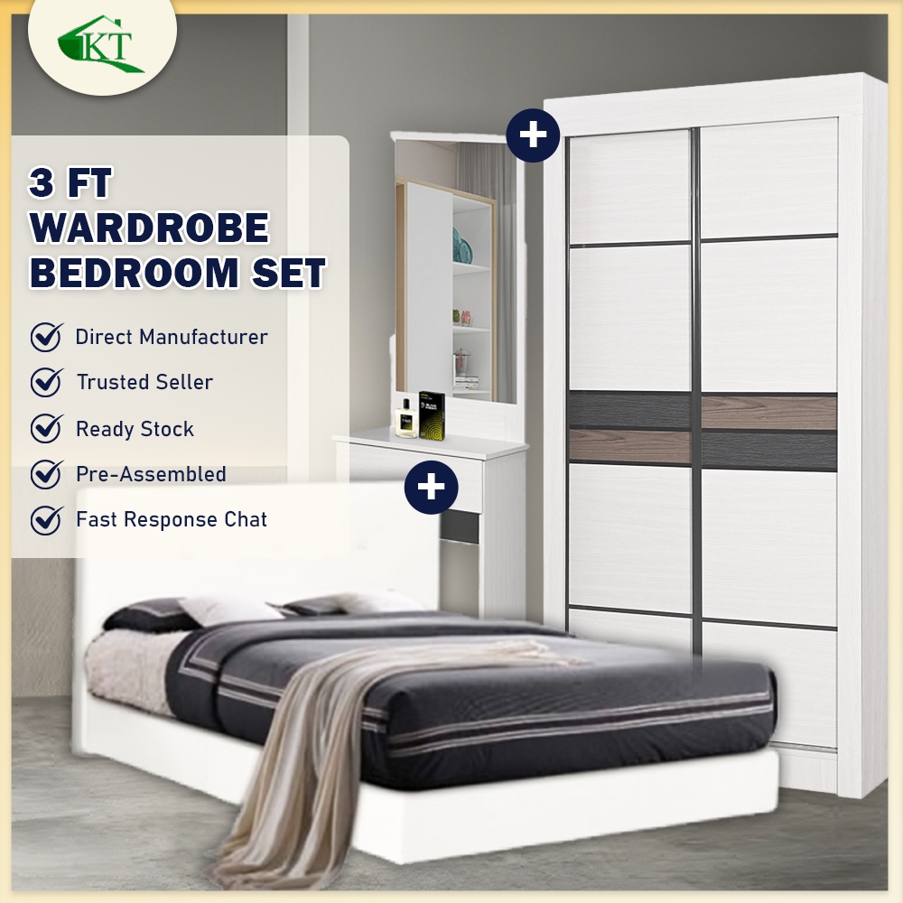 KT FURNITURE Bedroom Set 3ft Sliding Door Wardrobe Queen Bedframe Bedside Dressing Table Set ...