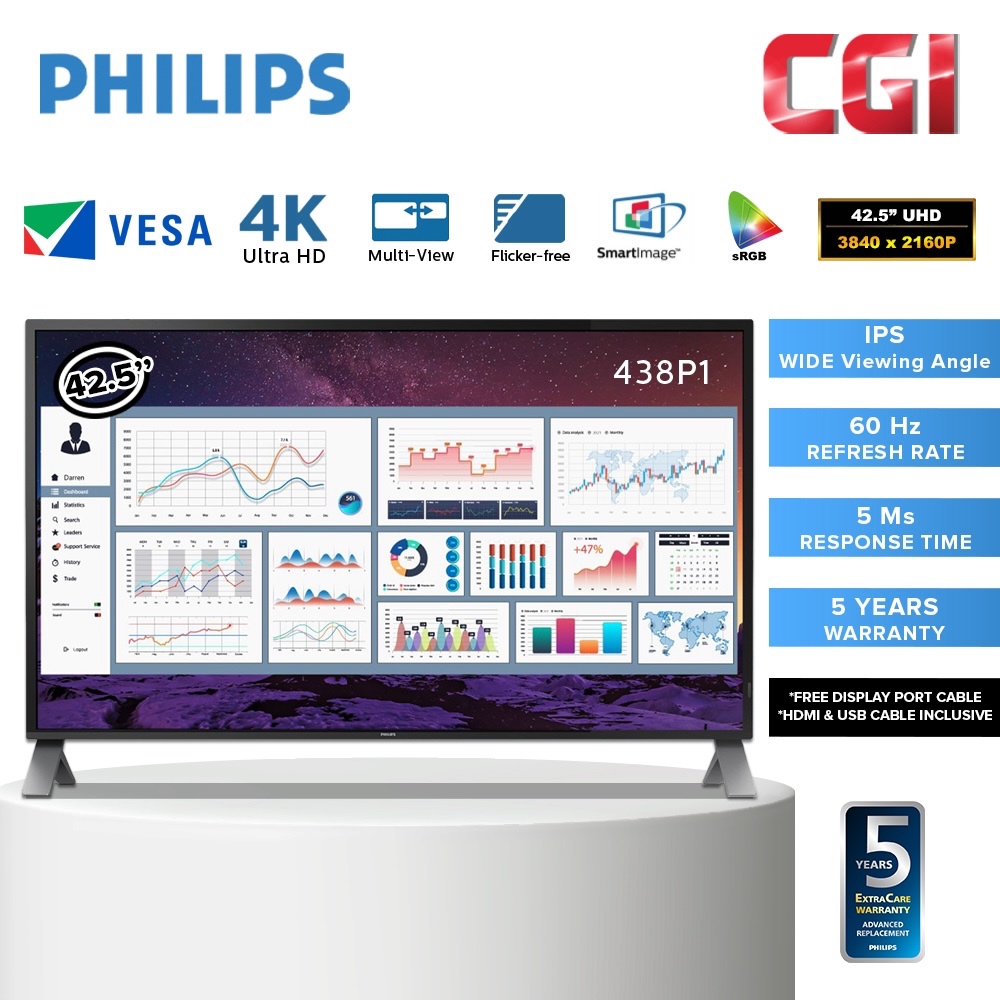Philips 42.5" 438P1 5ms 4K Ultra HD LCD display with MultiView Monitor ...