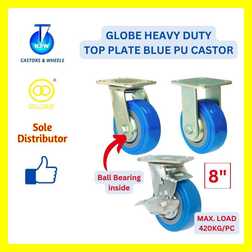 GLOBE 8"/200mm Heavy Duty Industrial High Quality Blue PU Castor Wheel ...