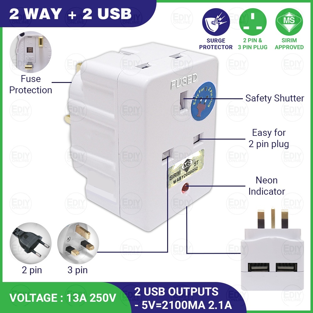 3 WAY ADAPTOR ADAPTER SWITCH USB SOCKET OUTLET PLUG EXTENSION WALL ...