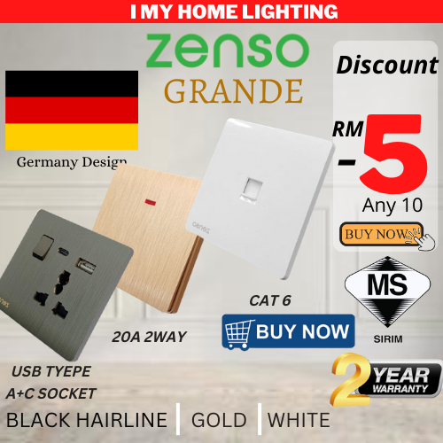 SIRIM ZENSO Grande Type C A USB CAT 6 20A 2 Way Switch Black Gold ...