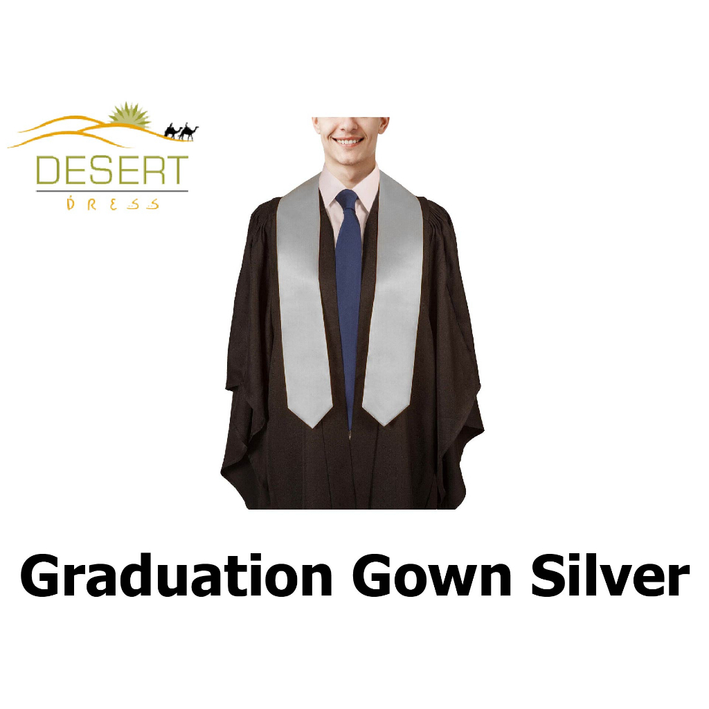 Silver 3 Piece Graduation Gown + Hat + Stole Black University Robe ...