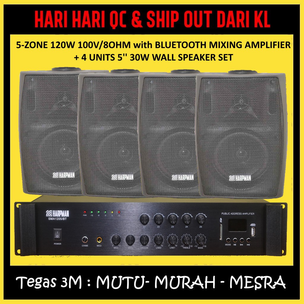 [Tegas] HARPMAN 5-ZONE 120W MIXING AMPLIFIER USB/BLUETOOTH + 4 UNITS 5 ...
