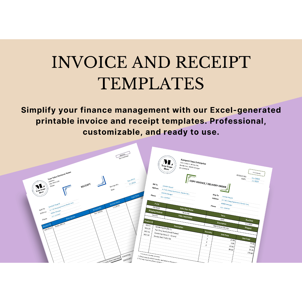 Business Invoice and Receipt Template With Formulas Customizable ...