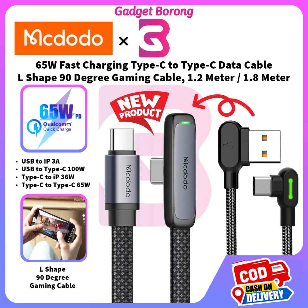 【1yr Warranty】Mcdodo 65W Type-C to Type-C L Shape 90 Degree 1.2M / 1.8M Gaming Cable with LED ...