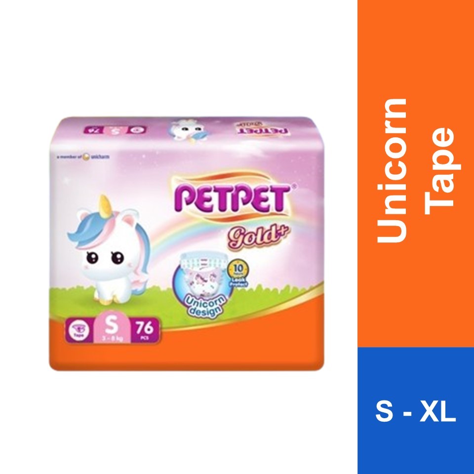 PetPet Tape Diaper Softy Gold+ Mega Pack - Unicorn/S (76's)/M (64's)/L ...