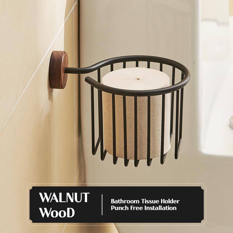 BATHKITCHZ Wooden Toilet Paper Holder Punch Free Wood Tissue Rack ...
