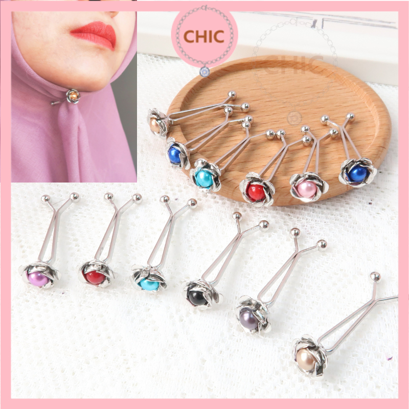 CHICMART 6/12 pcs Klip Tudung Bunga Mawar Pin Hijab Muslim U-shape Rose ...