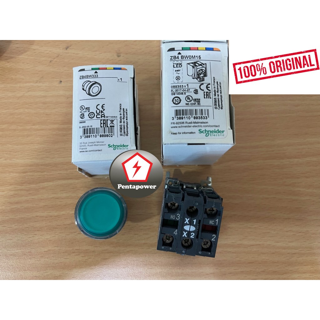 SCHNEIDER XB4BW33M5 ( ZB4BW333 + ZB4BW0M15 ) Illuminated push button, metal,green, Ø22, spring ...