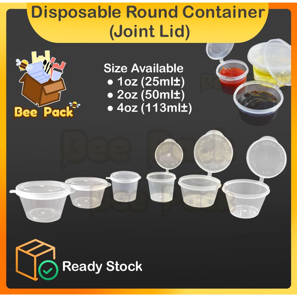 Disposable Round Container /Sauce Container /Bekas Sos /Bekas Plastik (Hinged/Joint Lid) (1oz ...