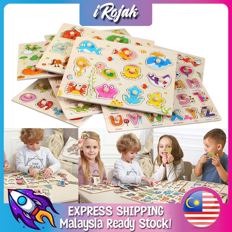 [iRojak] Preschool Early Educational Wood Puzzle Hand Grab Matching Toy ...