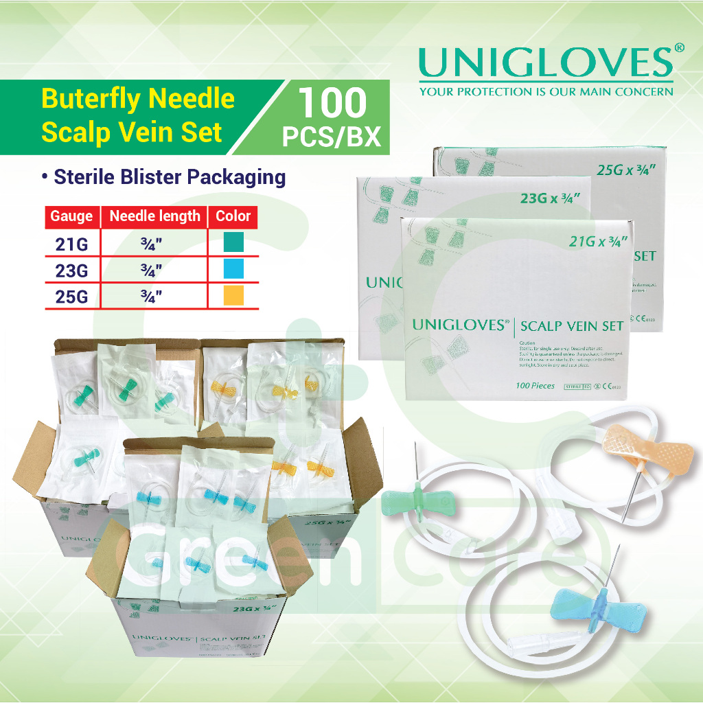 Unigloves Scalp Vein Set Butterfly Needle 21G / 23G / 25G Per Box/100 ...