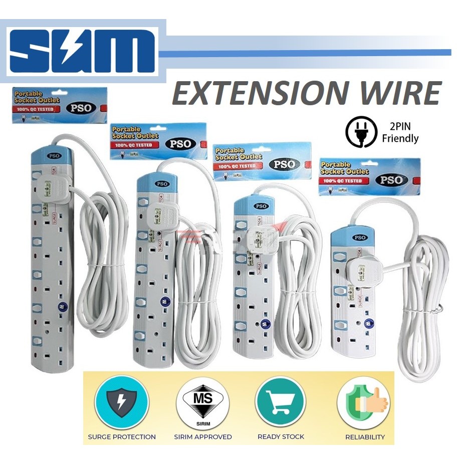 Sum Electric Pso Extension Socket Wire 2 Meter 3 Gang Socket 4 Socket 5 Socket Sirim Surge