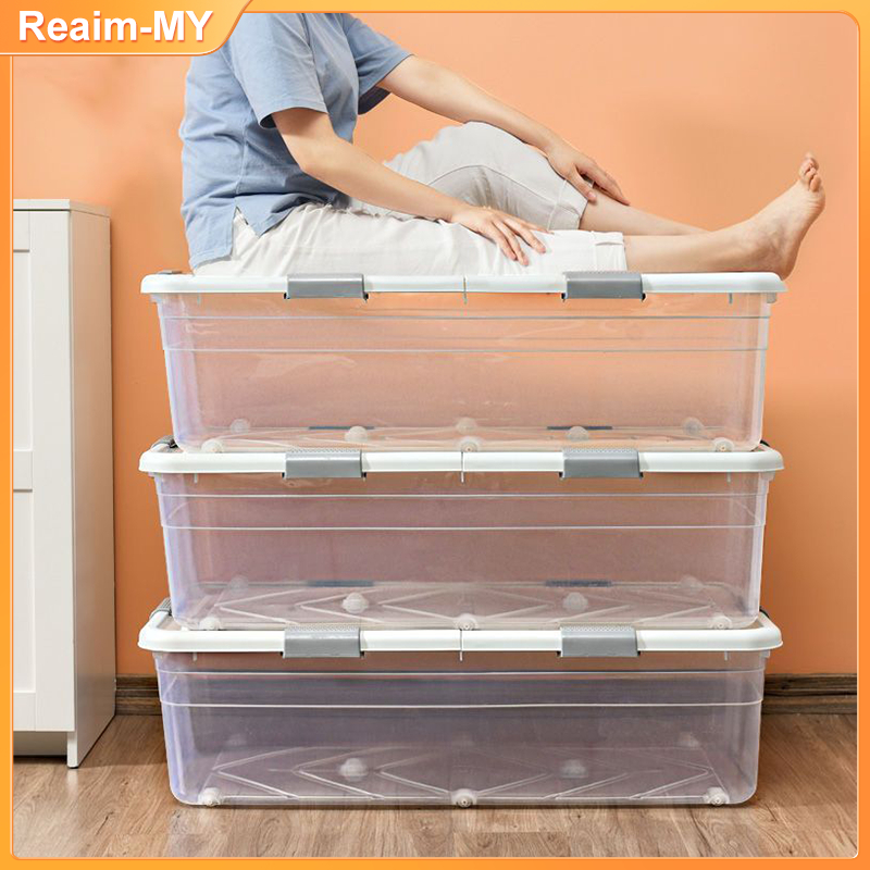 80L!!! Under Bed Storage Box With Wheels Lid Stackabe Sliding Shoe ...
