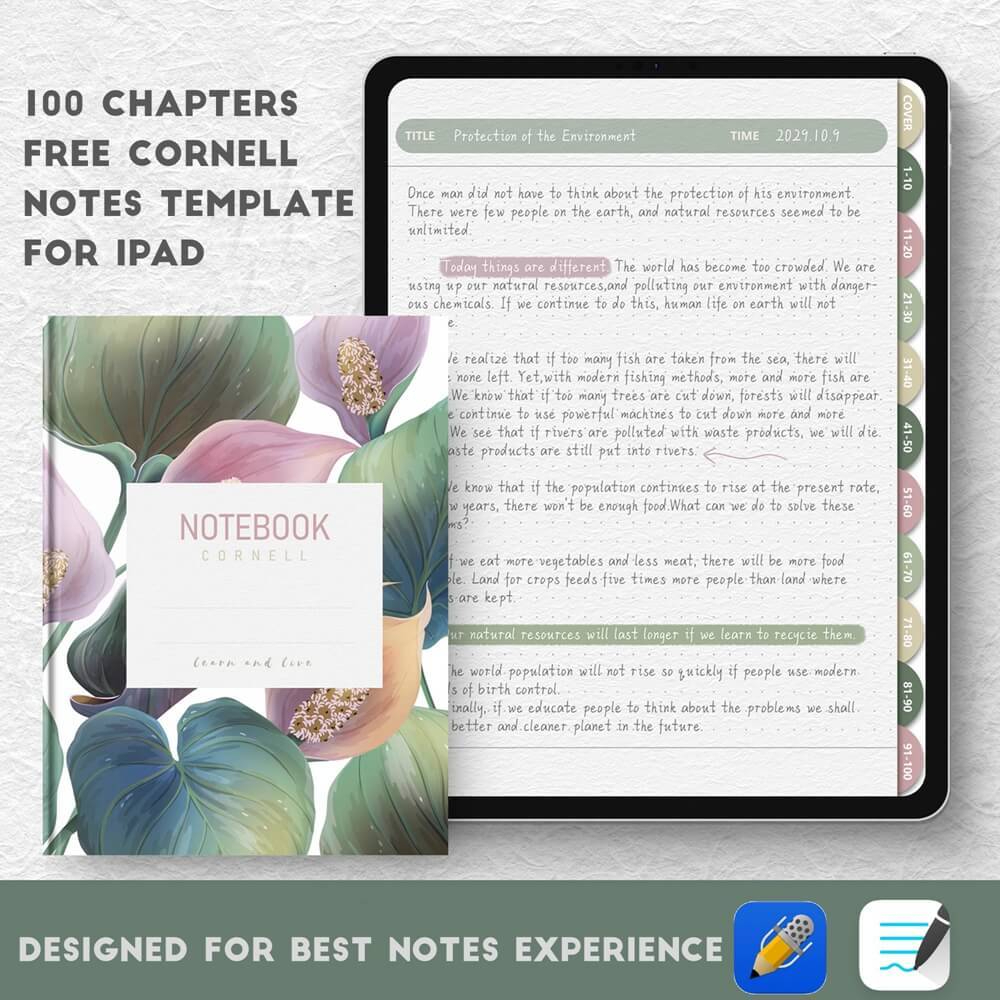 Digital Notebook | Blooming Flowers Theme 100 Chapters Cornell Notes ...